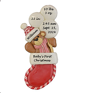 First Christmas Personalized Ornament - Baby Boy or Baby Girl - Calliope Designs - Handcrafted - 4.5" Tall - Customize for Free with Name, Birthdate, Length, Weight