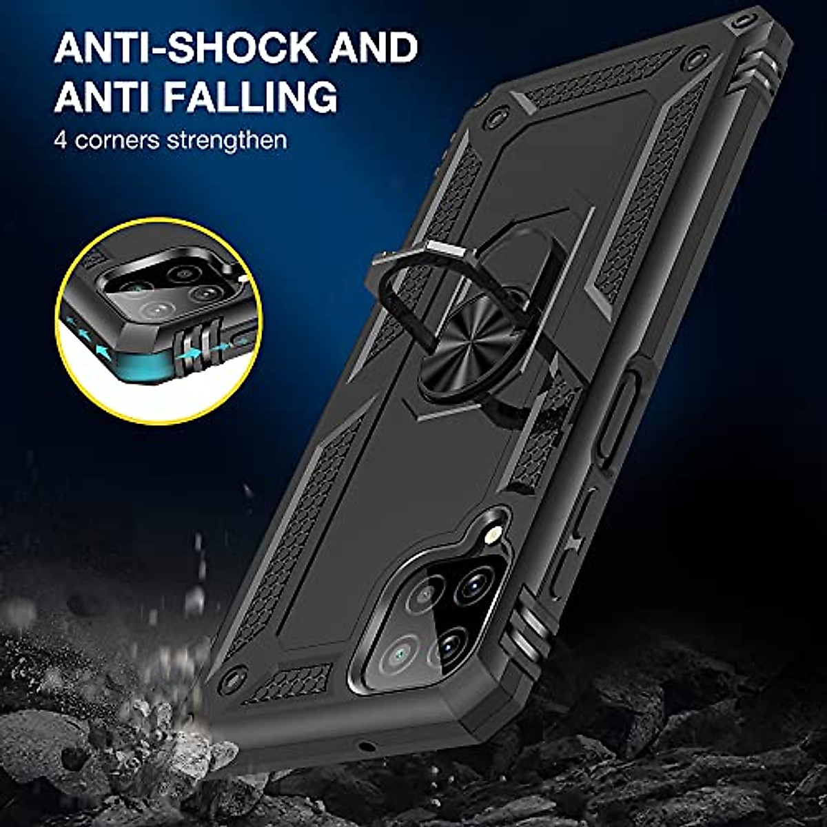 Vakoo Armor Series for Samsung Galaxy A12 Case, 6.5-Inch, with Ring Stand, Military Grade Shockproof Protection, Black