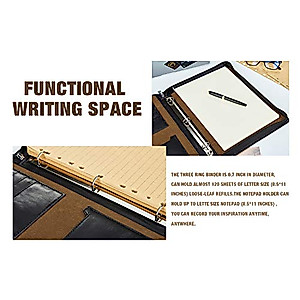 AZXCG Handmade Genuine Leather 3 Ring Binder Portfolio Folder with Zipper for 13.3” Tablet/Laptop,Professional Leather Binder with Letter Size Notepad (Non-Custom, Black-Oil)