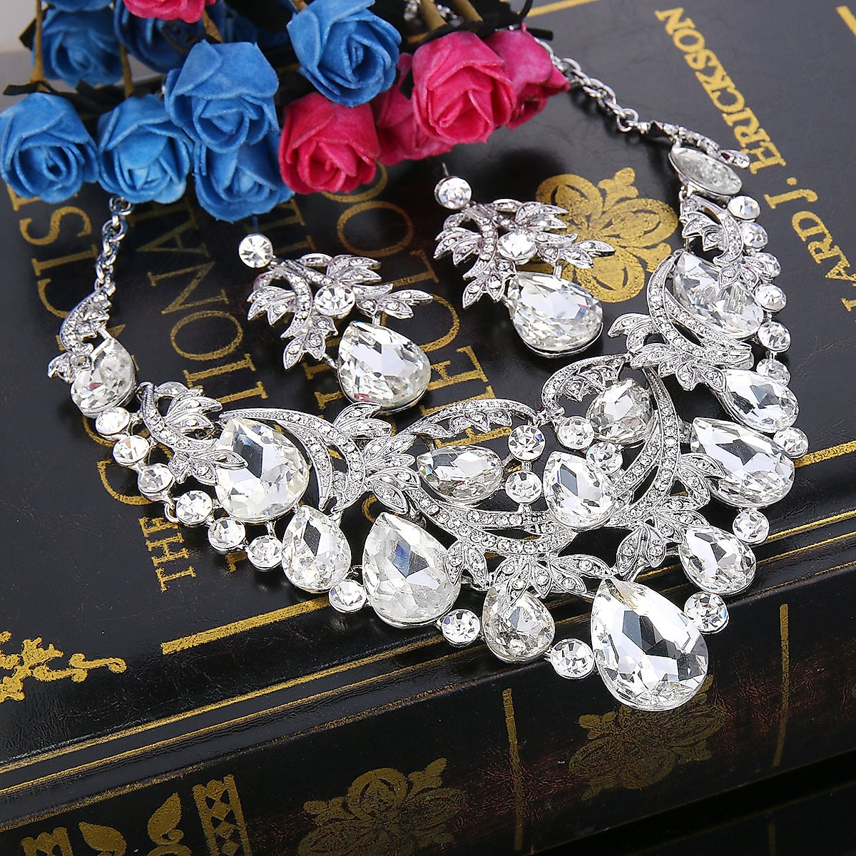 BriLove Women's Bohemian Boho Crystal Teardrop Filigree Leaf Hollow Statement Necklace Dangle Earrings Set