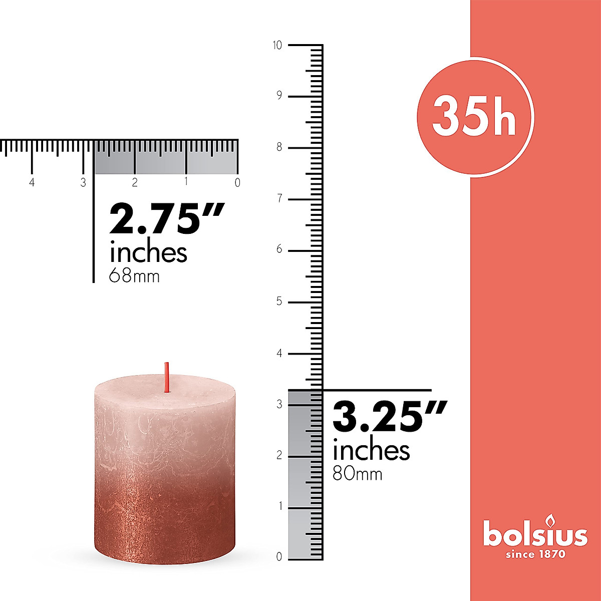 BOLSIUS 4 Pack Misty Pink/Amber Sunset Rustic Metallic Pillar Candles - 2.75 X 3.25 Inches - Fine European Quality - includes Natural Plant-Based Wax - Unscented Dripless Smokeless 35 Hour Candles