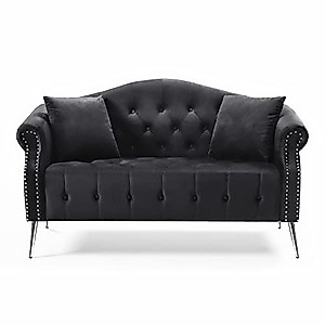 Holaki Chesterfield Velvet Sofa,59.4" Modern Upholstered Classic Button Tufted Nailhead Trimming Loveseat with Rolled Arms,Silver Metal Legs&2 Pillows,Comfortable Velvet Couches for Living Room(Black)
