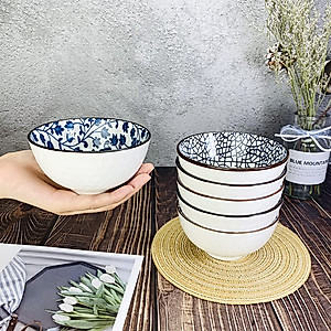 Kithing Ceramic Bowls, 10oz,this blue and white patterned bowls are used for ice cream, desserts, salads Set of 6 (F 4.5in)