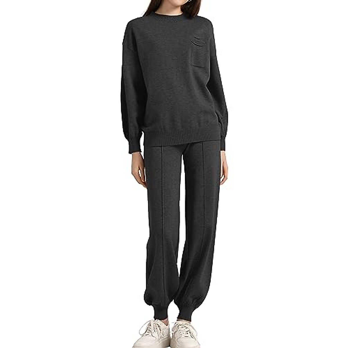 SuperPrity Two Piece Outfits for Women Fall Lounge Wear Set Sweater Pullover Top with Sweatpants Set Long Sleeve Knit Set-L,Black