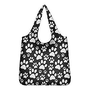 WELLFLYHOM Reusable Grocery Bags Foldable Washable Reusable Heavy Duty Cute Dog Paw Print Shopping Tote Bag with Pouch Shopper Beach Carrying Bag for Women Teens