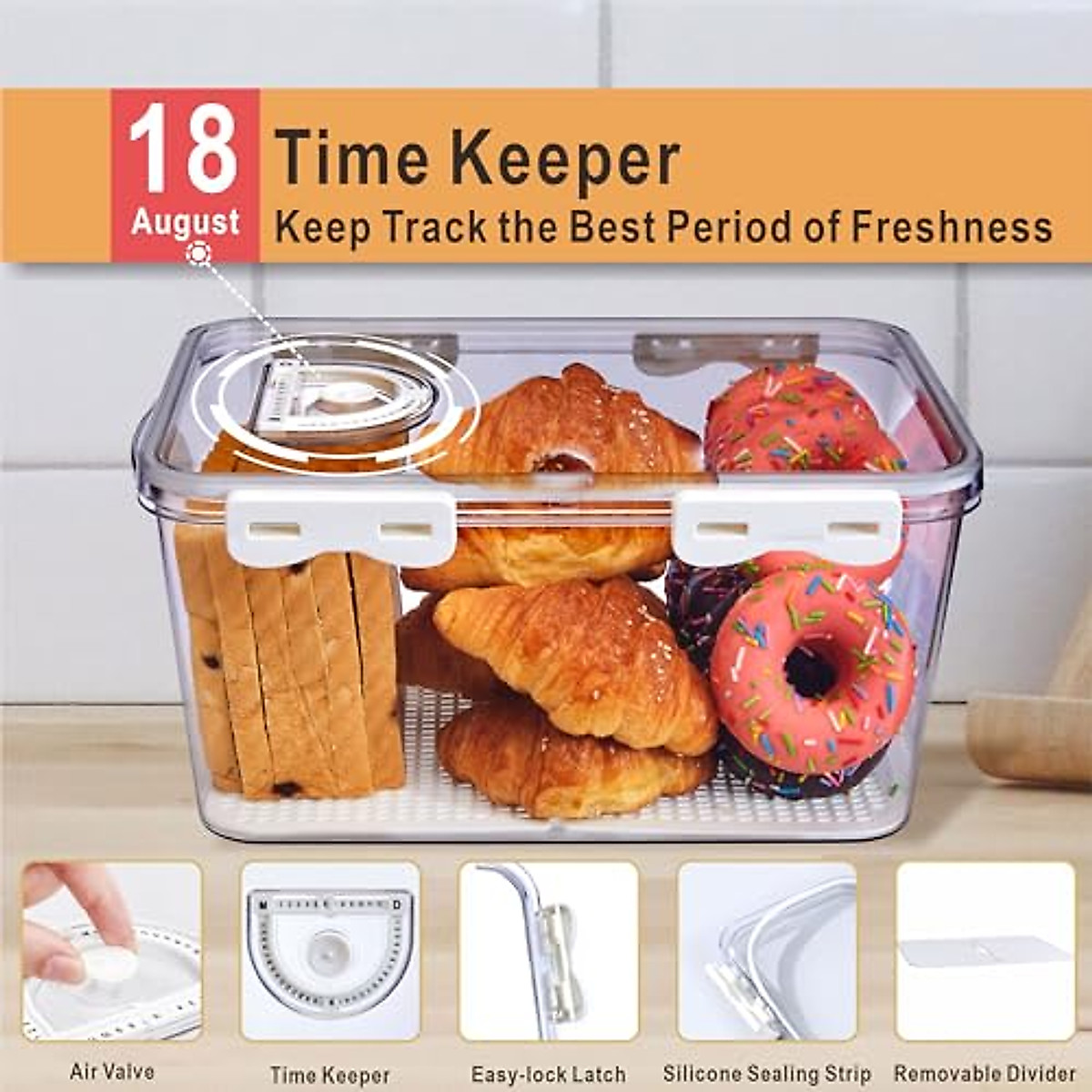 Rhewatin 3pc Fruit Storage Containers for Fridge with Time Keeper, Partitioned Vegetable Storage Containers for Refrigerator with Removable Colander and Divider, Airtight Lettuce Keeper, White