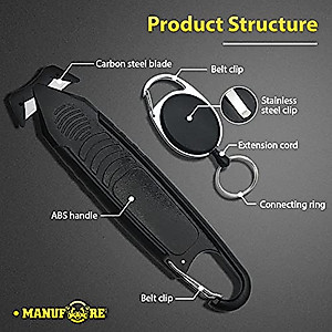 MANUFORE 5 Pack Safety Knife Package Box Opener Film Cutter with 2 Retractable Key Chain for Shrink Wrap, Stretch Wrap, Tape, and Plastic Straps