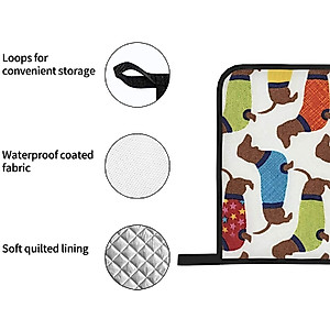 Pajamas Dachshund Pattern Oven Mitts and Pot Holders Sets of 4,Resistant Hot Pads Non-Slip BBQ Gloves for Kitchen,Cooking