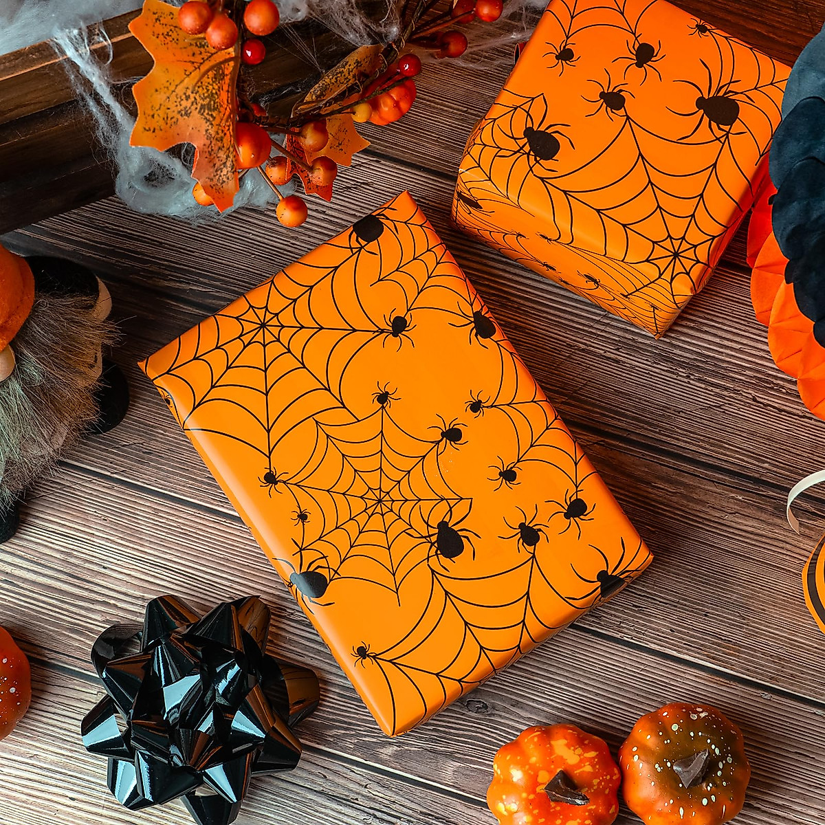 WRAPAHOLIC Halloween Reversible Wrapping Paper Roll - Mini Roll - 17 Inch X 33 Feet - Spider Design, Perfect for Halloween Decorations, Holiday, Party