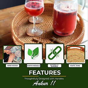 ANKUR Round Rattan Serving Tray with Handles- Decorative Woven Ottoman Trays with Handle,Coffee Table Basket,Natural Basket Wave Tray, Bathroom Decor (L- 13.7 Inch & M- 11.8 Inch)