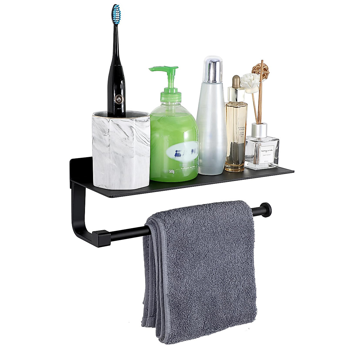 Sumnacon 13 Inch Aluminum Paper Towel Holder with Shelf - Wall Mounted Tissue Holder with Screws, Decorative Hand Towel Bar with Storage Organizer Shelf for Office, Bedroom, Bathroom, Kitchen,Black