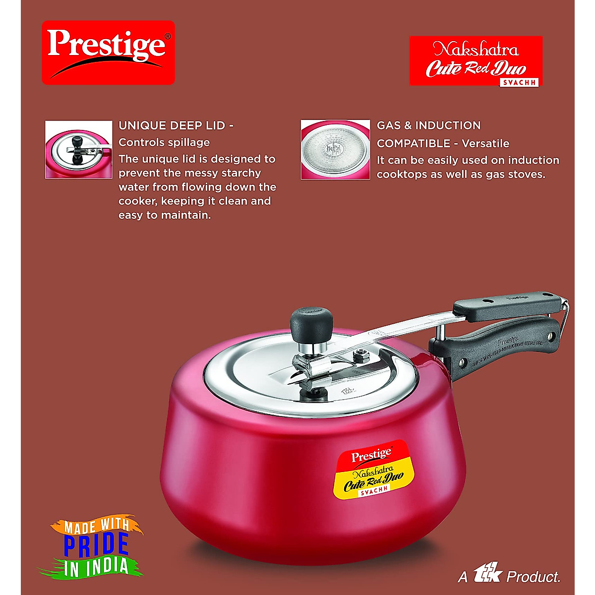 Prestige Nakshatra Cute Red Duo Svachh Aluminium Inner Lid Pressure Cooker 3.0 Litre (Powder Coated), Medium (10765)
