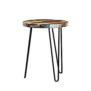 WELLAND Side Table Reclaimed Wood, Round Hairpin Leg End Table, Night Stand, Recycled Boat Wood, 20" Tall