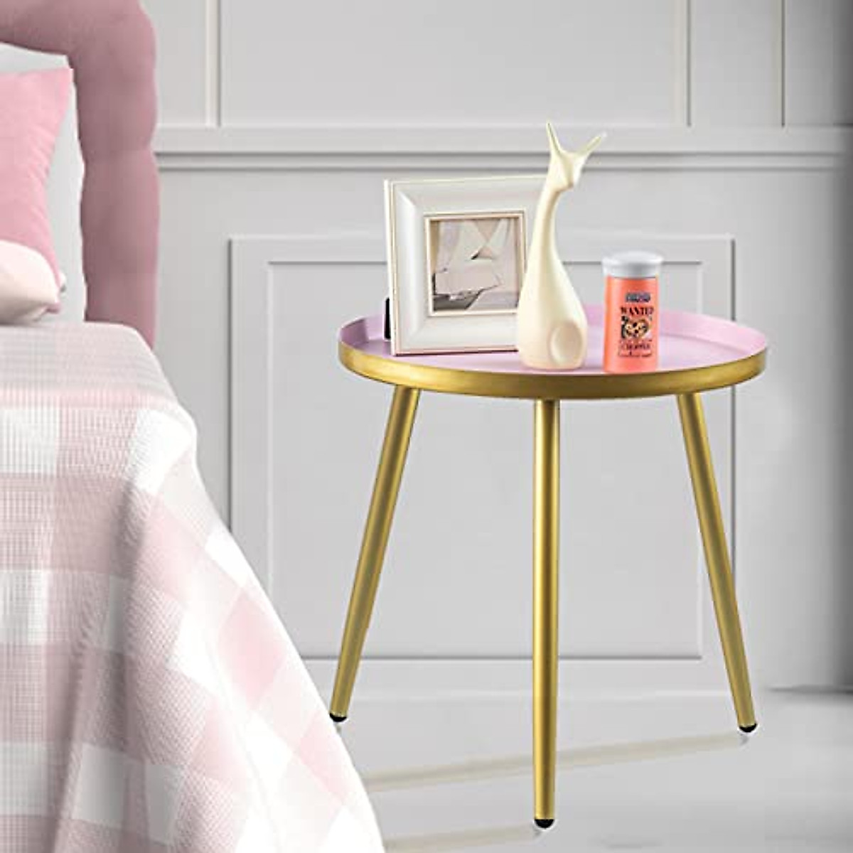 H HUIYKALY Kids Nightstand,Small Nightstand Bed Side Table for Kids Room,Small Table Round Nightstand for Bedroom,Pink/Gold