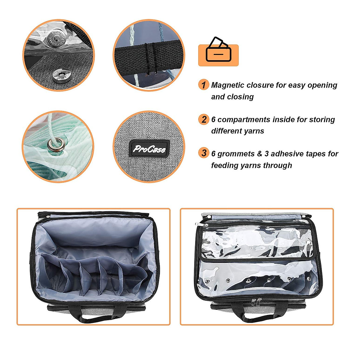 ProCase Knitting Bag with Inner Divider, Yarn Storage Organizer Crochet Tote Bags for Projects, Knitting Needles, Crochet Hooks and Other Knitting Supplies (No Accessories Included), Black