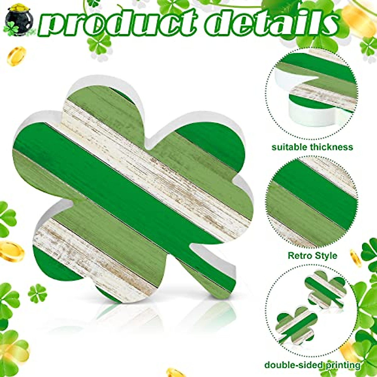 3 Pcs Farmhouse St Patrick's Day Table Wooden Signs Rustic Lucky Shamrock Table Wooden Signs Green White Yellow Stripe Clover Freestanding Irish Themed Tabletop Decorations for Desk Home Party