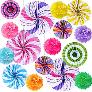 Outus 21 Pcs Candyland Hanging Paper Fans Decorations Candy Party Classroom Decor Lollipop Candy Tissue Paper Fans for Garland Ceilings Candyland Theme Kids Birthday Party Supplies(Pom Poms)
