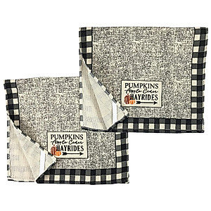 Farmhouse Country Black White Check Faux Burlap Kitchen Towels Set 4 Pc.: Harvest Farm Sign for Pumpkins Apple Cider Hayrides Fall Fun