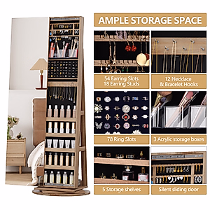 LVSOMT 360° Swivel Jewelry Cabinet with Full Length Mirror, 63" Large Jewelry Armoire Organizer, Lockable Mirror with Jewelry Storage, Floor Standing Mirror, Rear Storage Shelves