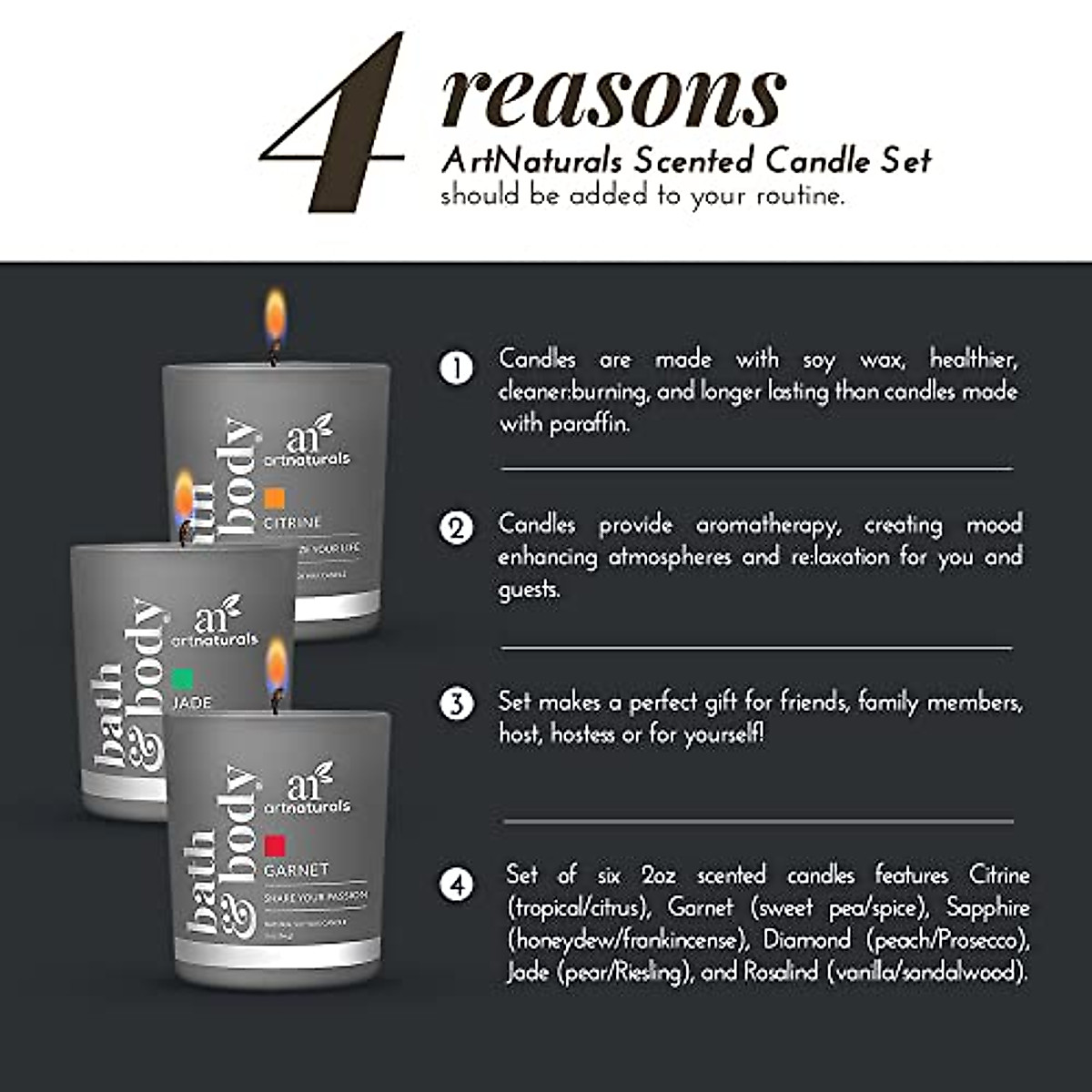 artnaturals Scented Candle Gift Set – (6 x 2 Oz / 60g) - Aromatherapy Set of Fragrance Soy Wax Candles - Made in USA with Essential Oils – for Stress Relief and Relaxation