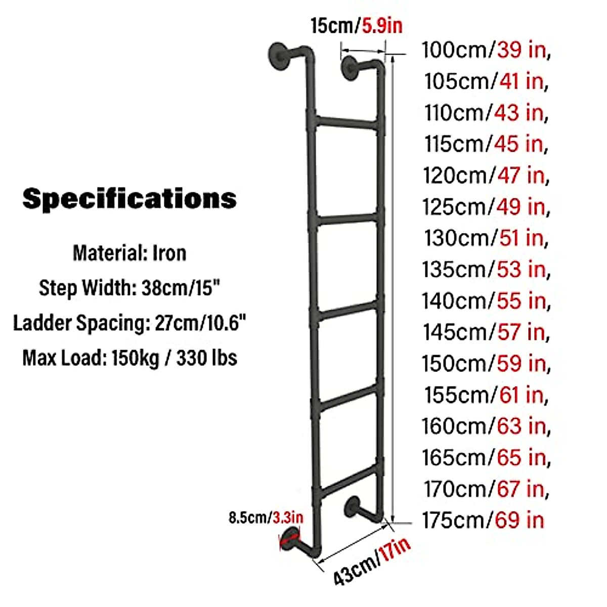 ZSPINJIA Escape Ladder for Egress Basement Window Well Covers Outside,Small Ladder for Fire Emergency Home Safety,Wrought Iron Loft Ladder with Fittings,Loads 150kg