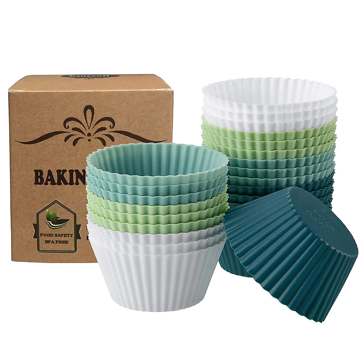 24 Pack Silicone Baking Cups Set, Reusable Nonstick Kitchen Cupcake Liners NonToxic BPA Free for Pudding Tart Bread Mousse Jelly for Holiday Party Thanksgiving Christmas (2.56" x 1.57" x 1.18")