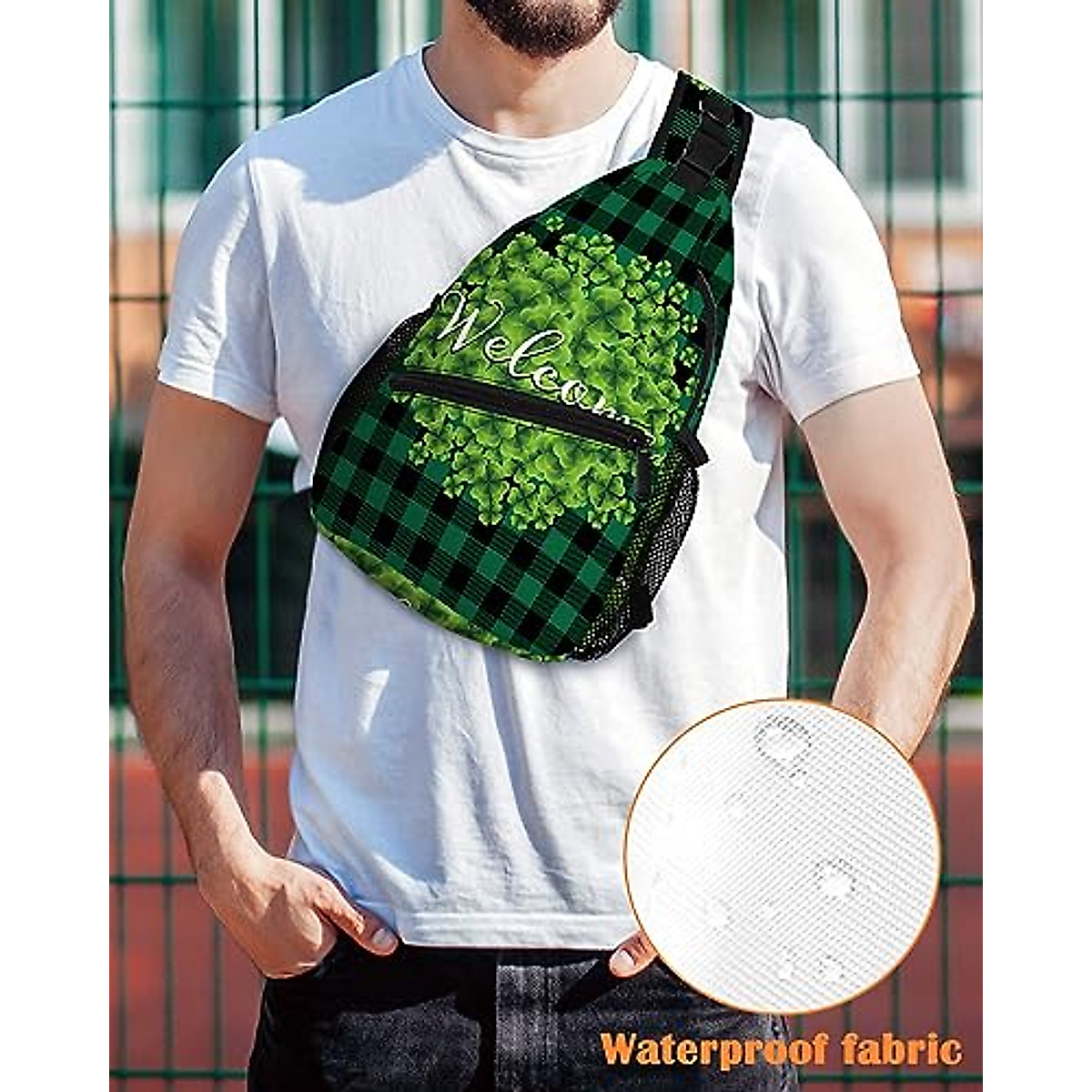 Sling Backpack, St. Patrick's Day Lucky Green Clover Leaves Green Plaid Waterproof Lightweight Small Sling Bag, Travel Chest Bag Crossbody Shoulder Bag Hiking Daypack for Women Men