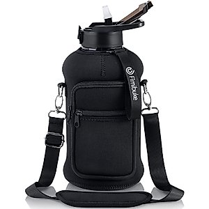 Fimibuke Half Gallon Water Bottle with Sleeve 64 OZ Water Bottle with Handle & Straw Leakproof Motivational Sports Gym Water Bottle with Time Marker BPA Free Water Jug with Neoprene Holder - Black
