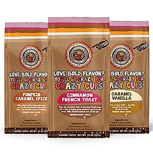 Crazy Cups Flavored Ground Coffee Variety Pack, Includes Cinnamon French Toast, Caramel Vanilla, Pumpkin Caramel Spice, in 10 oz Bags, For Brewing Flavored Hot or Iced Coffee, Variety 3 Pack