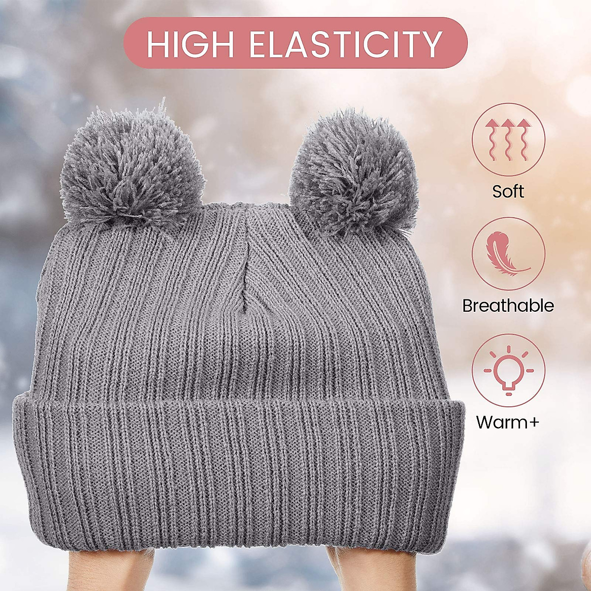 4 Pieces Kids Winter Warm Beanie Hat Kids Faux Fur Pom Beanie Knit Baby Pom Ski Cap for Children 1-5 Years Old(Black, Beige, Grey, White,4 Pieces)