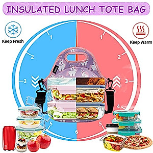 Lunch Box Bag for Girls,VASCHY Neoprene Insulated Lunch Tote with Detachable Adjustable Shoulder Strap in Pink Unicorn