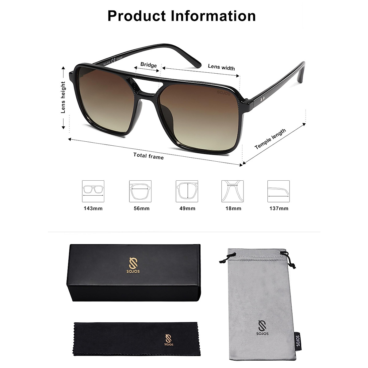 SOJOS Trendy Vintage Aviator Square Sunglasses For Womens Mens Retro 70s UV400 Women Sun Glasses SJ2327 Black Brown Grading Lens