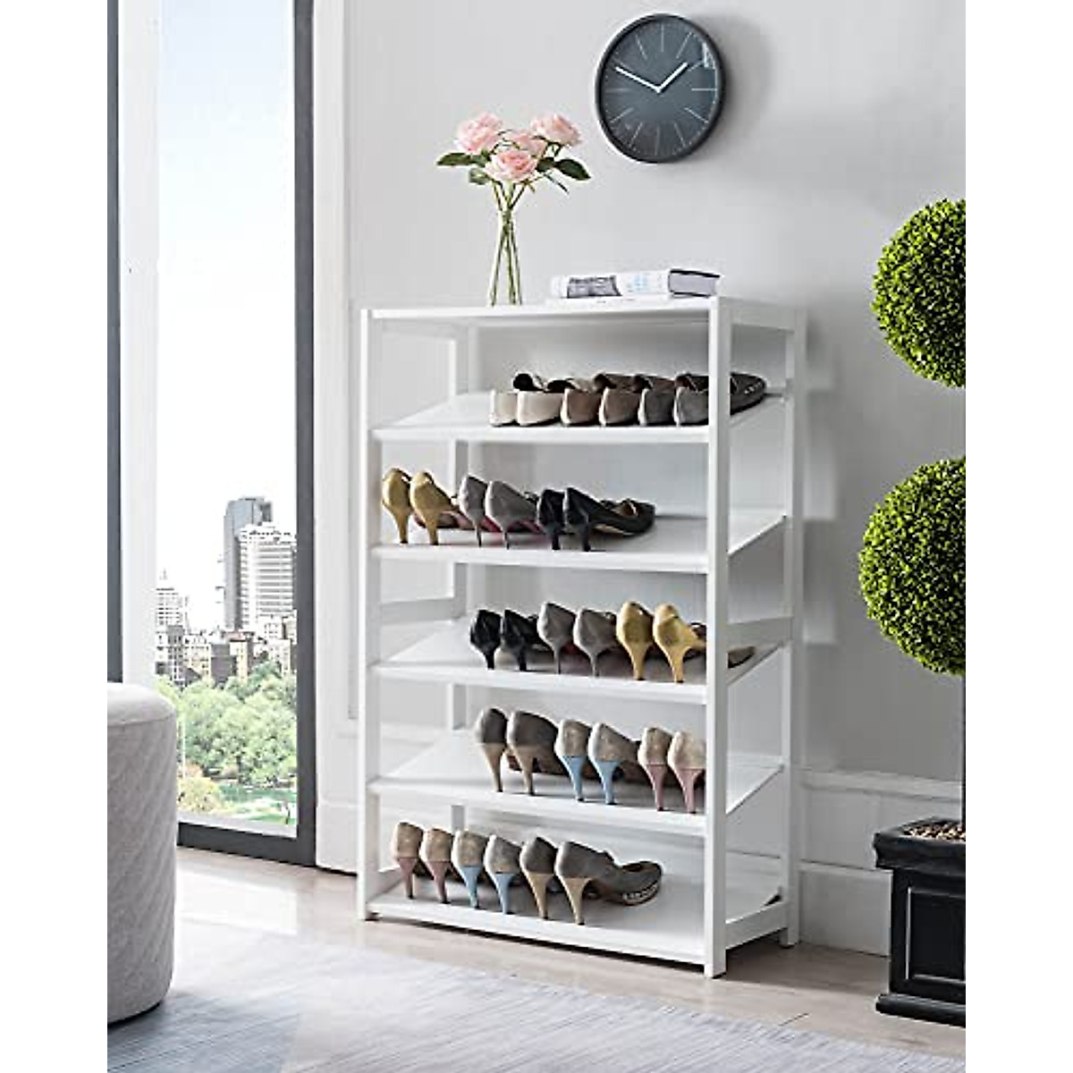 Pilaster Designs Contemporary 5 Tier Higgins Racks Free Standing Shoe Storage Organizer, White Wood