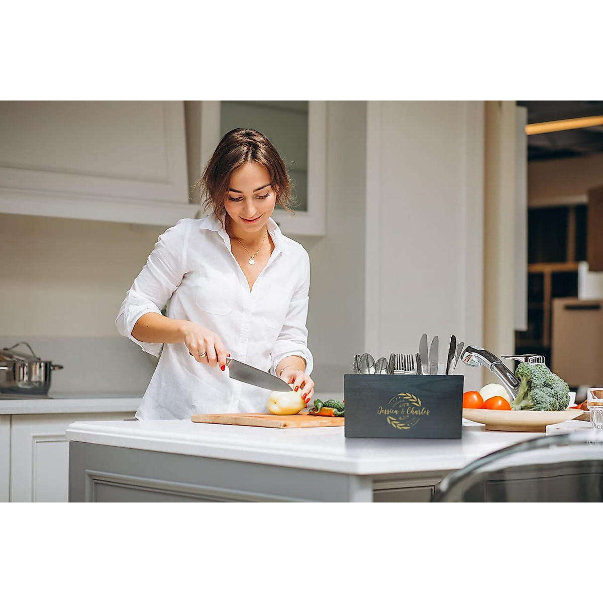 Krezy Case Personalized Traditional Caddy - Wooden Utensil Storage box - Utensil Organizer - Wedding Caddy