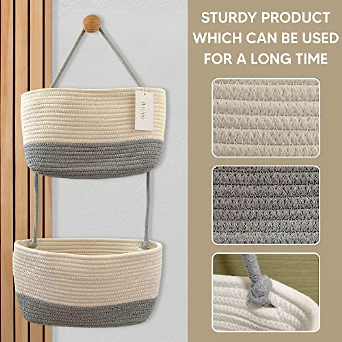 ATTICE Over the Door Organizer, 2-Tier Cotton Woven Hanging Baskets, Wall Mount Storage Bags