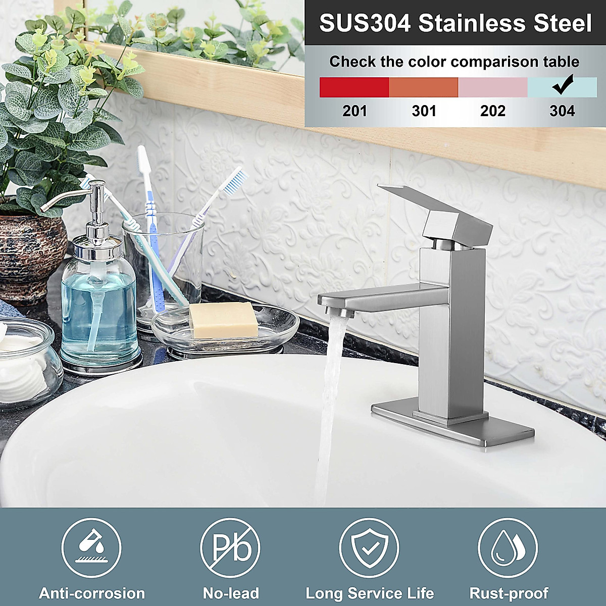 Homikit Brushed Nickel Single Handle Bathroom Faucet with Pop Up Drain, 1 or 3 Holes, Stainless Steel Vanity RV Lavatory Faucet with Deck Plate, 2 Water Supply Hoses