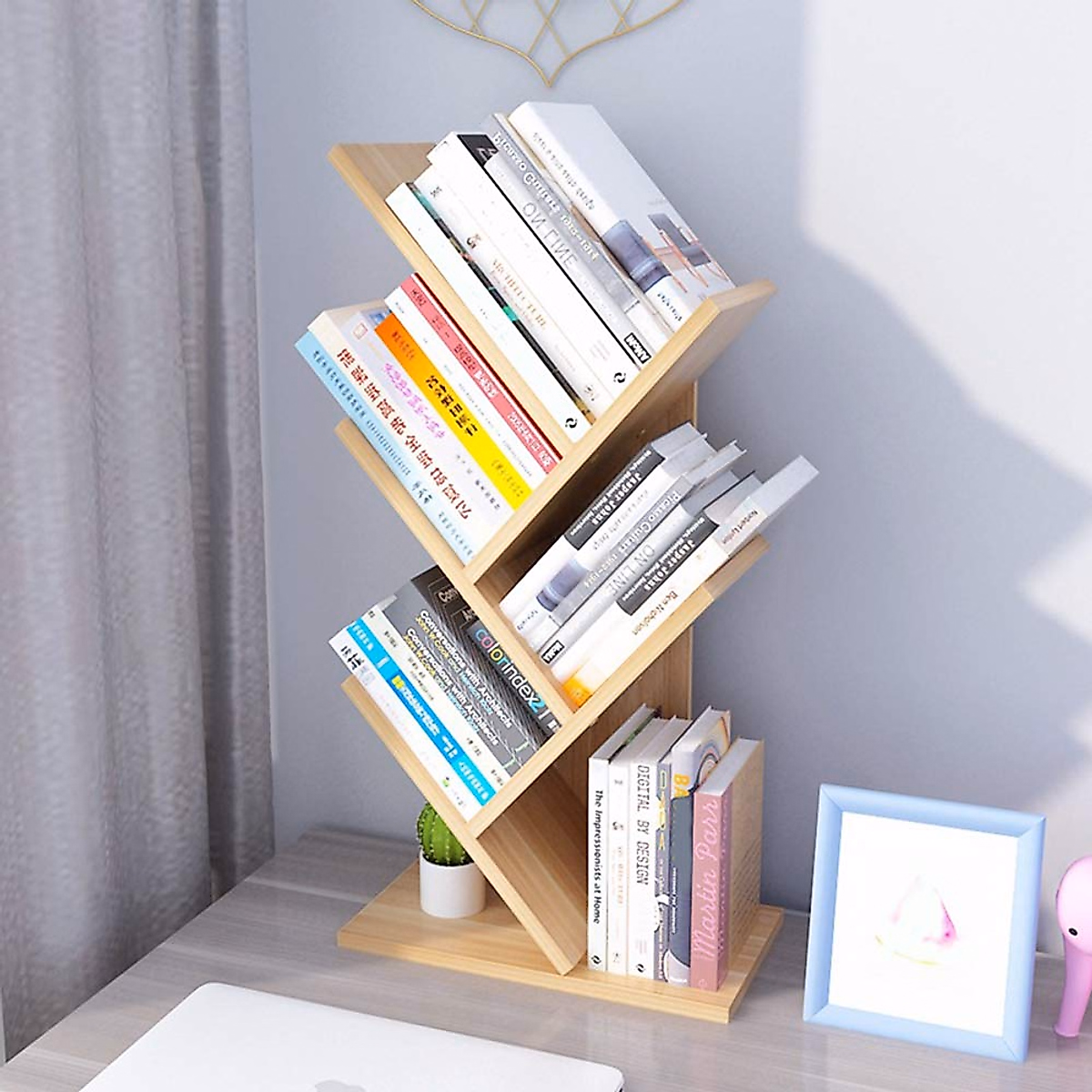 QUMENEY Tree Bookshelf, 5 Shelf Display Bookcase,Tree Bookcase for Books/CDs/Albums/Files Holder, Free Standing Book Shelves Organizer for Office，Bedroom, Living Room (Light Walnut)