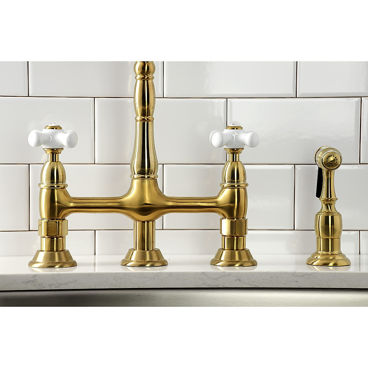 Kingston Brass KS1277PXBS Heritage 8-Inch Center Kit Bridge Faucet with Brass Sprayer, Brushed Brass