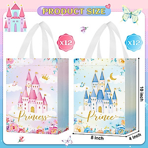 Locmeo 24 Pcs Prince and Princess Party Favor Bags with Handles Reusable Non Woven Castle Candy Goodie Bags Treat Blue Prince Pink Princess Gift Bag for Girl Boy Birthday Baby Shower, 8 x 4 x 10 Inch