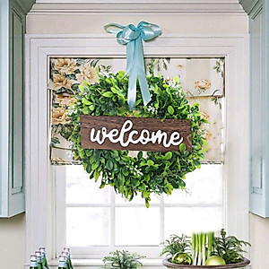 NAHUAA 12 Inch Boxwood Wreath for Front Door Artificial Green Leaves Spring Wreath with Welcome Sign for Farmhouse Wreath Wall Window Wedding Home Table Centerpiece