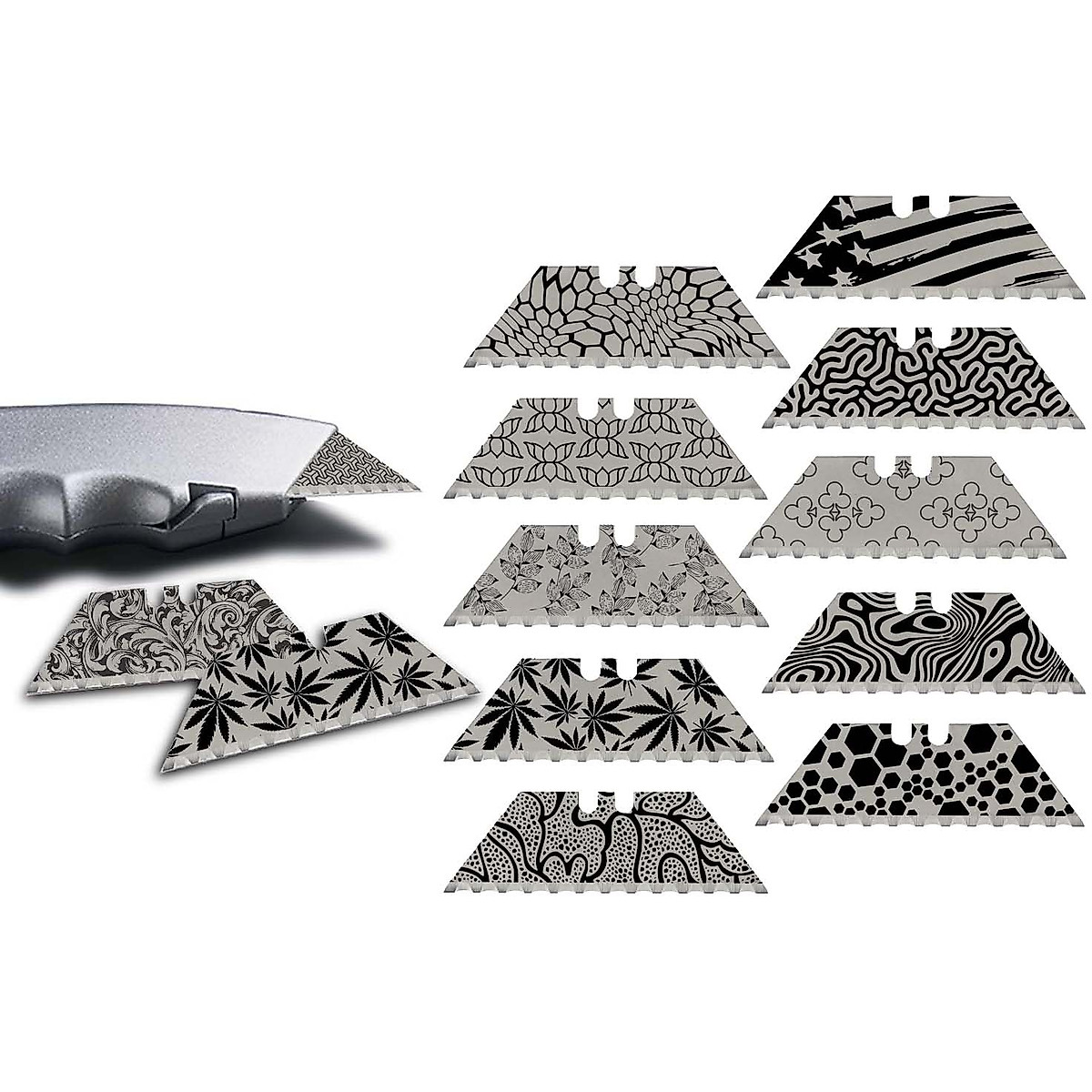 NDZ Performance Serrated Steel Blade Replacement for Utility Knife & Box Cutters, Custom Double Sided Laser Engraved Designs, Silver - Skull - 1 Pack