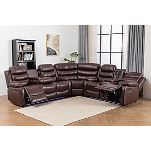 Hybition Faux Leather Living Room Set Modern Reclining Sectional Sofa with LED Light, USB Chargers, Sound System, 4Cup Holders, Hidden Storage, Brown