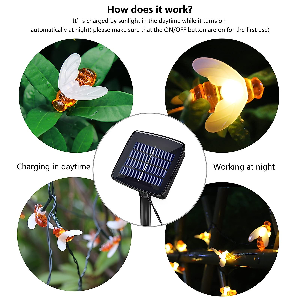 Solar string lights, 14.7Ft 2 Modes Copper Wire Outdoor String Lights 30 LEDs, Solar Bee Fairy Lights for Garden Decor, Party, Wedding, Xmas, Decoration, Yard, Patios, Indoor, Bedroom, etc (1 Pack)