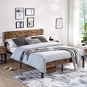 Yaheetech Metal Platform Bed Frame Queen with Wood Headboard and Iron Slats, Rustic Country Bed Base with Mattress Foundation/Strong Slats Support/12 Inch Underbed Storage/No Box Spring Needed, Brown