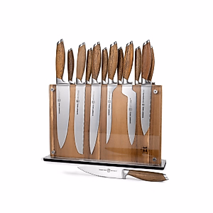 Schmidt Brothers - Bonded Teak, 15-Piece Knife Set, High-Carbon Stainless Steel Cutlery with Acacia and Acrylic Magnetic Knife Block and Knife Sharpener