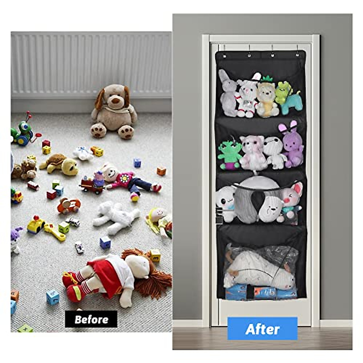 Stuffed Animal Organizer, 4 Pockets Over Door Organizer for Stuffies and Toy Plush, Kids Bedroom Organization Animal Storage Net Hammock with Hooks, Hanging Toy Plush Storage for Nursery, Bedroom