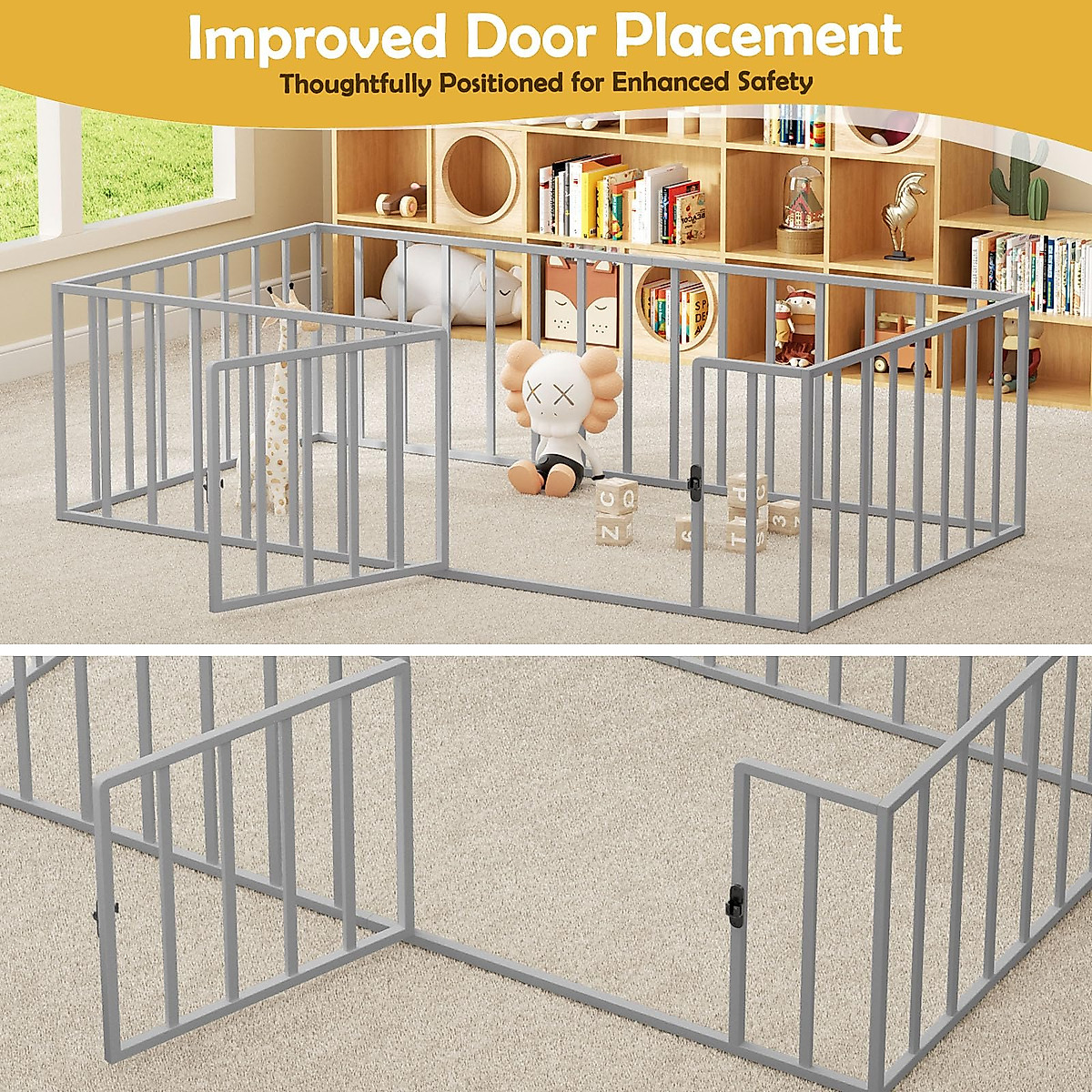 ROOMTEC Montessori Twin Floor Bed Frame Metal 77×41×21 with Fence and Door Easy Assembly for Bedroom Playroom