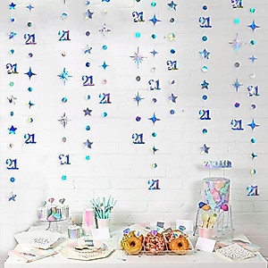 Iridescent Number 21 Circle Dot Twinkle Star Garland Metallic Holographic Hanging Streamer Bunting Banner Backdrop Decoration Girls 21st Birthday Finally Legal Twenty One Anniversary Party Supplies