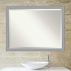 Amanti Art Beveled Bathroom Mirror (33.5 x 43.5 in.), Brushed Nickel Frame - Wall Mirror Silver, X-Large