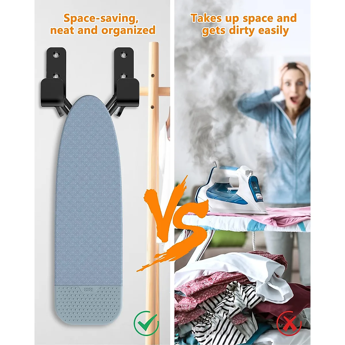 MUSVOH Ironing Board Wall Mount, Stainless Steel Ironing Board Hanger for Laundry Room, Adjustable Distance Holder Hook Wall Mount, Black